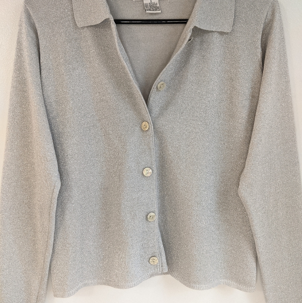 Vintage Glam Silver Grey Sparkly Button Down Polo Nec… - Gem